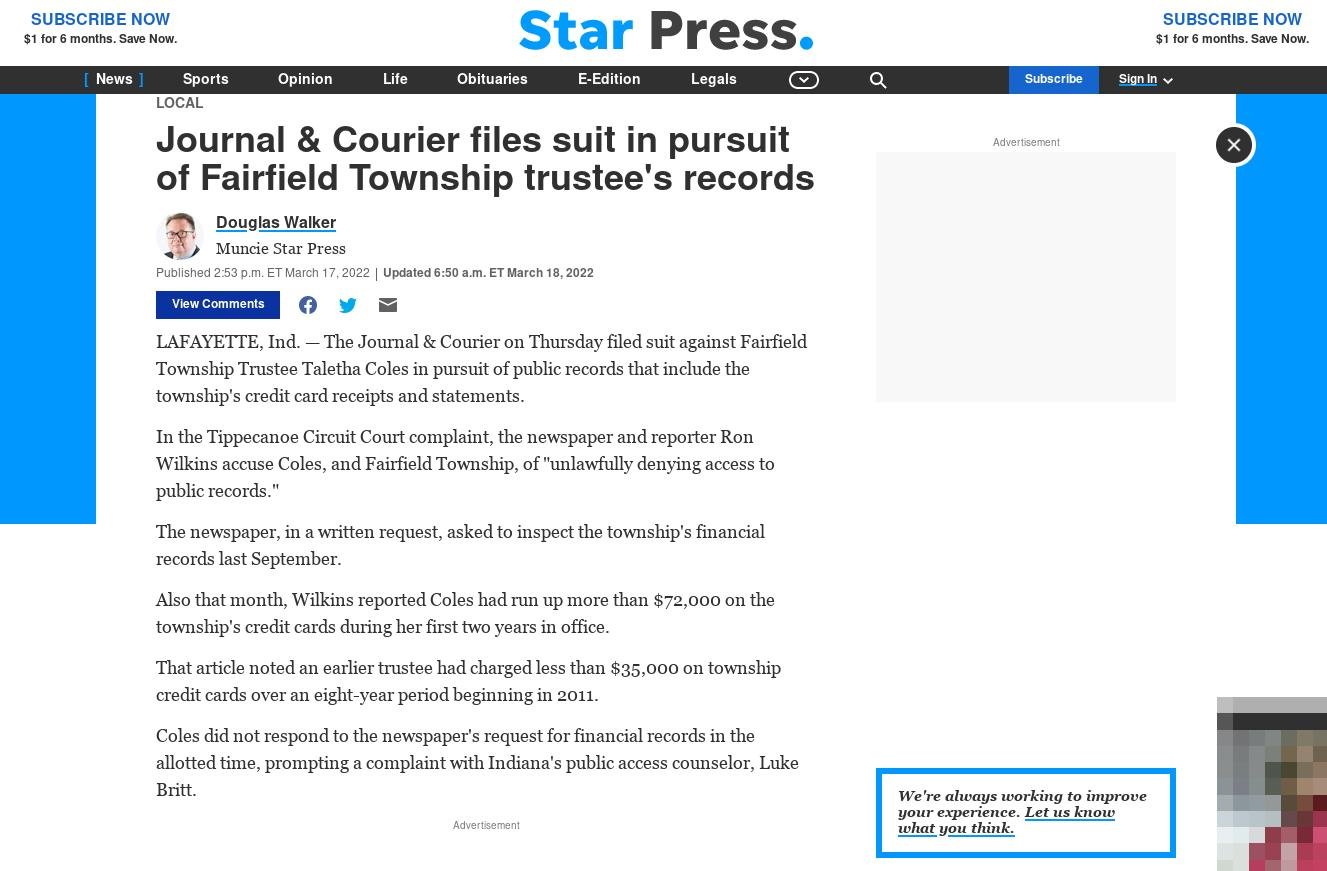 Journal & Courier files suit in pursuit of Fairfield Township trustee's ...