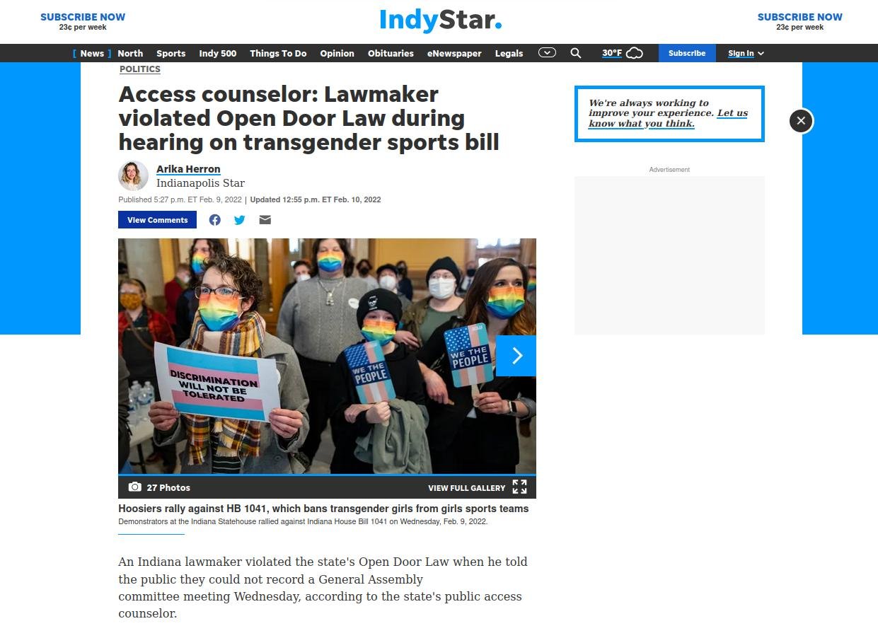 IndyStar: Access counselor-Lawmaker violated Open Door Law during hearing on transgender sports ...